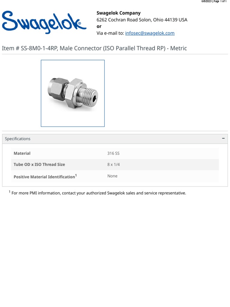 Male Connector SS-8M0-1-4RP Specs | PDF | Technology & Engineering