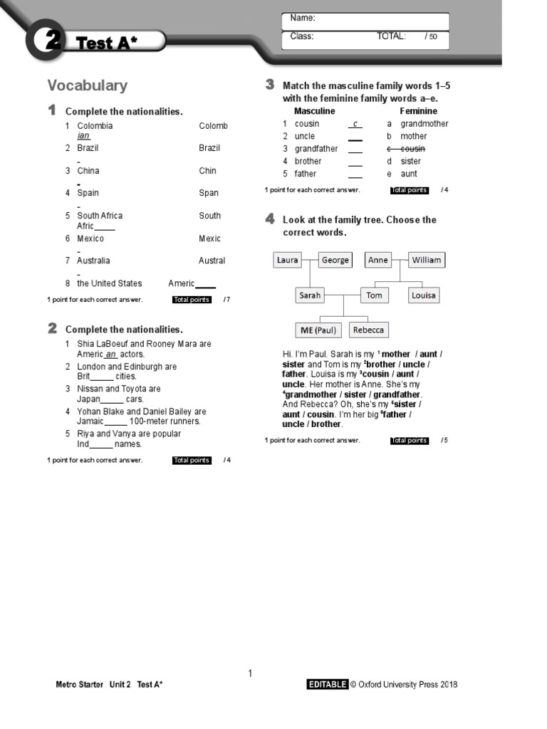 Metro Starter Unit 2 Test A One Star | PDF