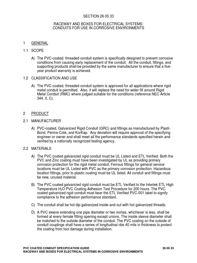 PVC Coated Conduit Specification Guide 26 05 33 Raceway and Boxes For ...