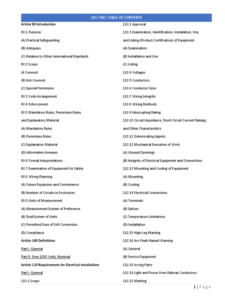 2017 NEC Table of Contents | Download Free PDF | Electrical Wiring ...
