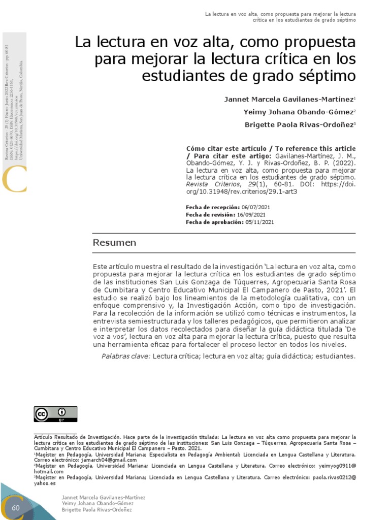 La Lectura en Voz Alta, Como Propuesta para Mejorar La Lectura Crítica ...