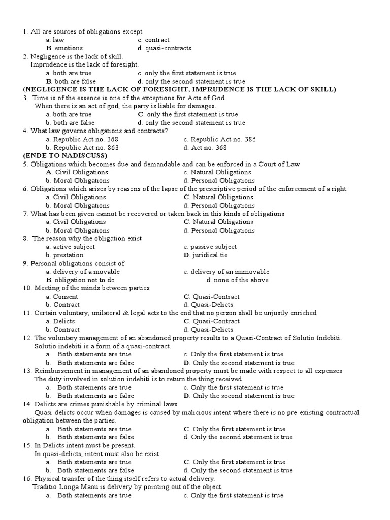 Oblicon Departmental Exam Reviewer 1 | PDF | Law Of Obligations ...
