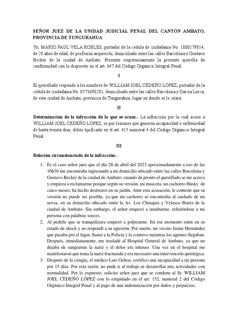 Querella Penal por Lesiones en Ambato | PDF | Queja | Justicia
