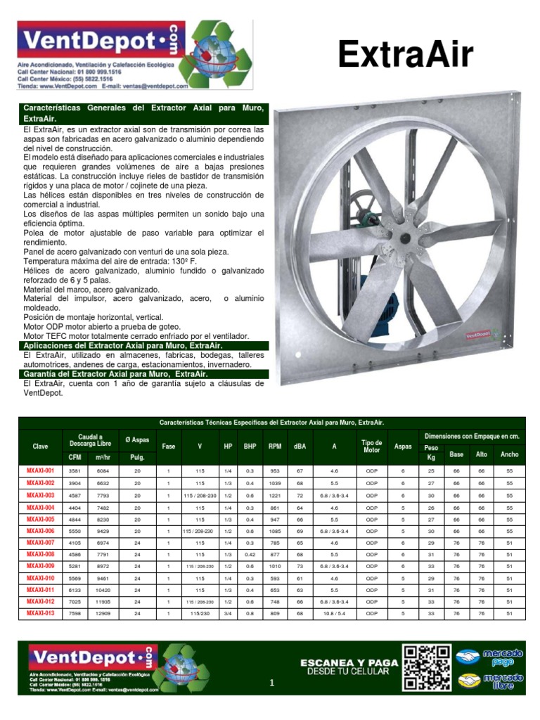 Extractores Axiales de Aire para Muro y Pared Extraair | PDF | Acero | Materiales de construcción