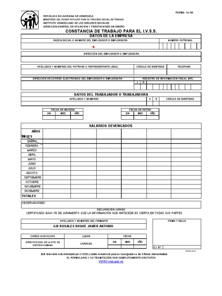 Forma 14 100 Constancia de Trabajo para El I.V.S.S. | PDF | Gobierno