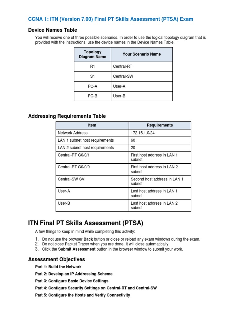 CCNA 1 - ITN Final PT Skills Assessment ID111 | PDF | Computer Network | Ip Address