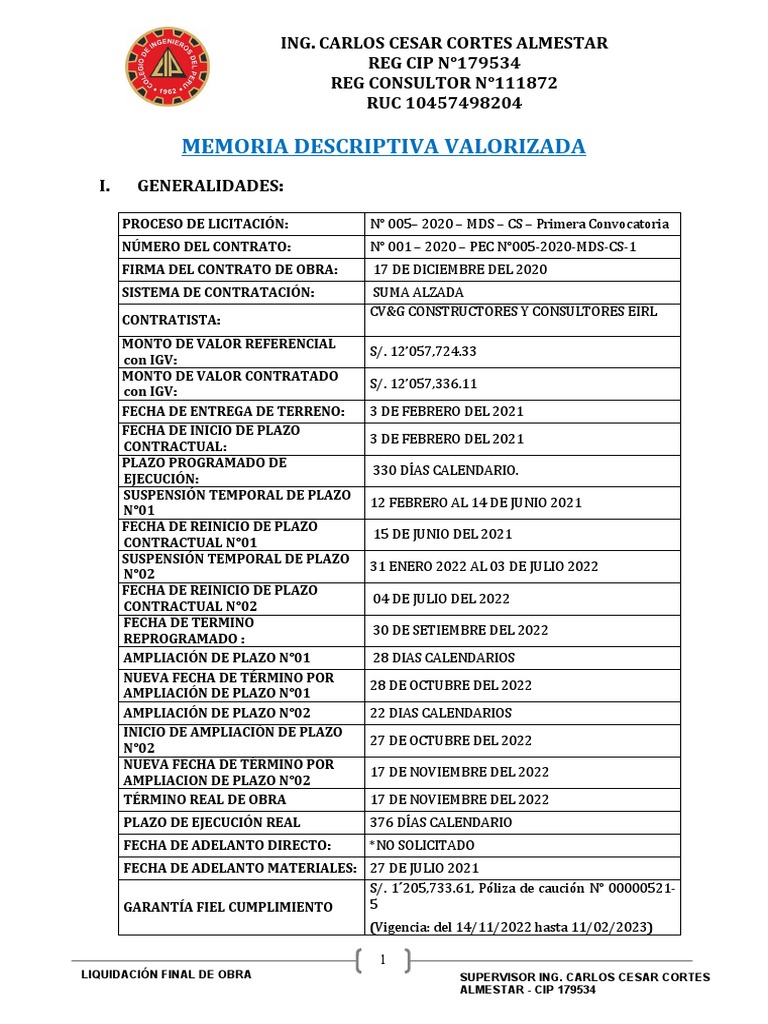 I. Memoria Descriptiva Valorizada Actualizada | PDF | Hormigón | edificio