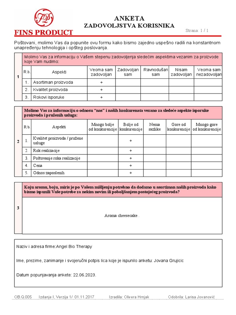 OB.Q.005 Anketa Zadovoljstva korisnika-FINS PRODUCT | PDF