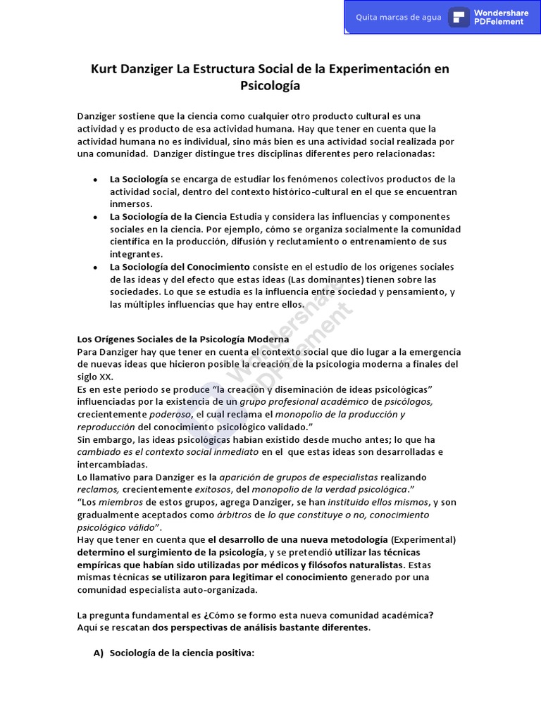 Unidad 1 - Danziger La Estructura Social de La Experimentacion en Psicologia. Resumen | PDF ...