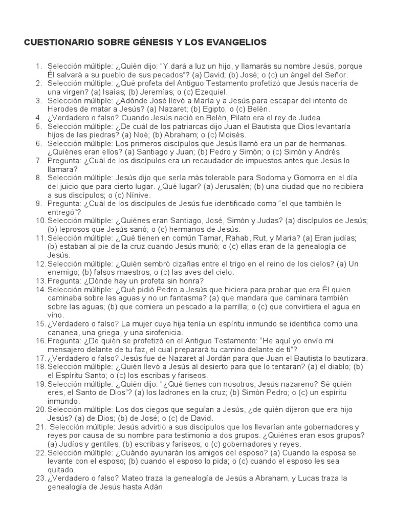 Cuestionario Sobre Génesis Y Los Evangelios Pdf Jesús Juan El