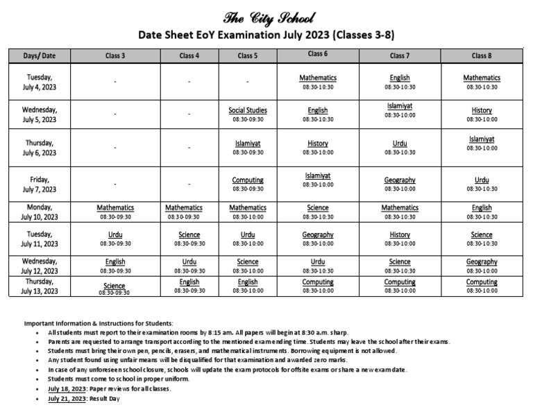 EoY 2022-23 (Class 3-8) Date Sheet (FINAL) - 1 | PDF | Science EoY 2022-23 (Class 3-8) Date Sheet (FINAL) - 1 | PDF | Science