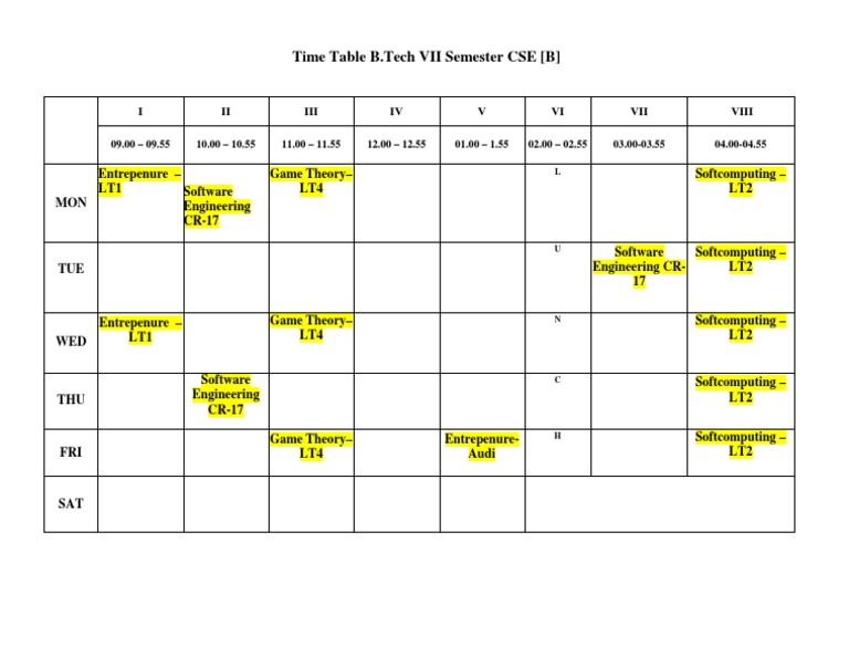 B.Tech CSE VII Semester Timetable | PDF