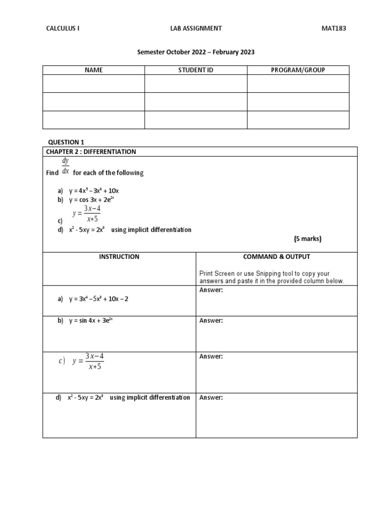 MAT183 LAB ASSESSMENT (Question) - SET B | PDF | Maxima And Minima | Derivative