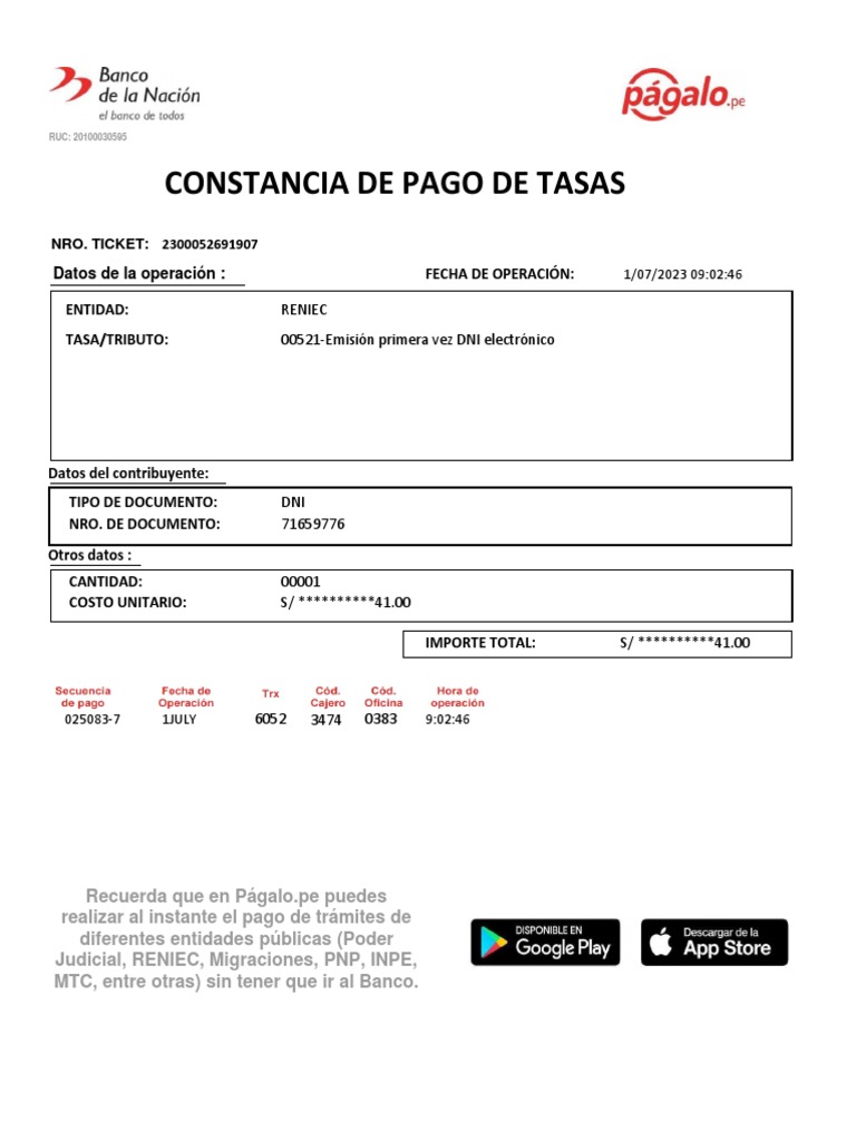Constancia de Pago de Tasas: Reniec 00521-Emisión Primera Vez DNI Electrónico | PDF