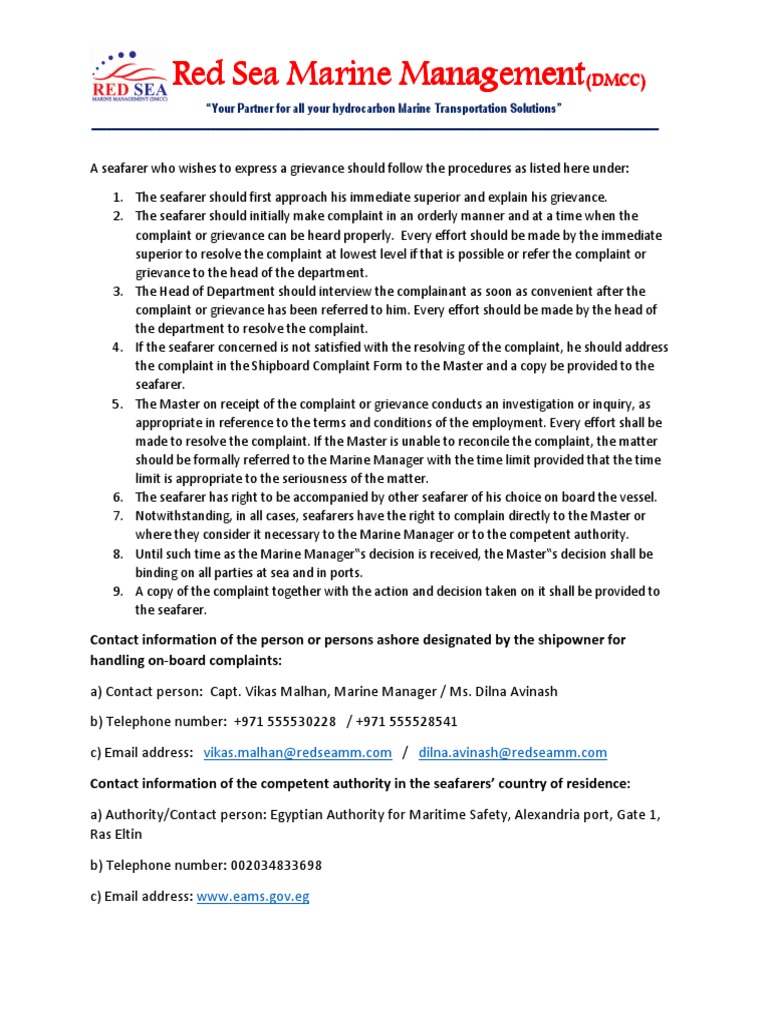 Seafarer Grievance Procedure Guide | PDF | Sailor | Complaint
