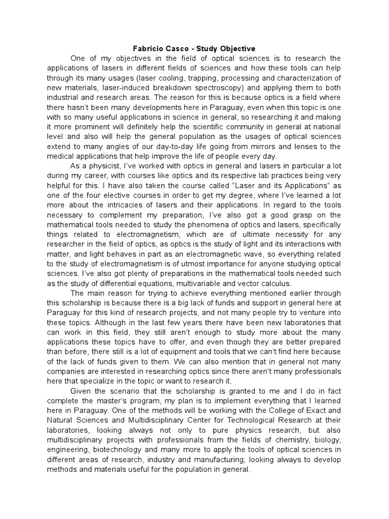 Fabricio Alejandro Casco Arzamendia - Study Objective | PDF | Optics | Science