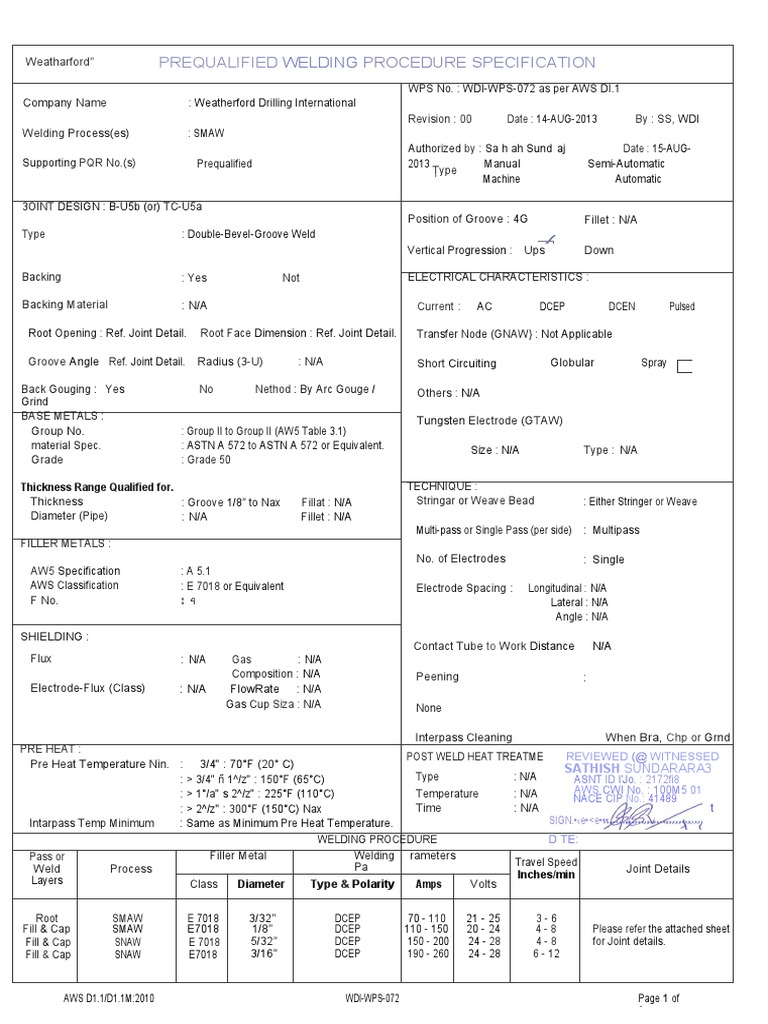WDI-WPS-072 Rev.00 SMAW 2 | PDF | Welding | Construction