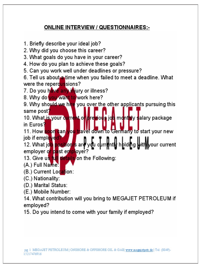 MEGAJET PETROLEUM GMBH - ONLINE INTERVIEW - QUESTIONNAIRES | PDF