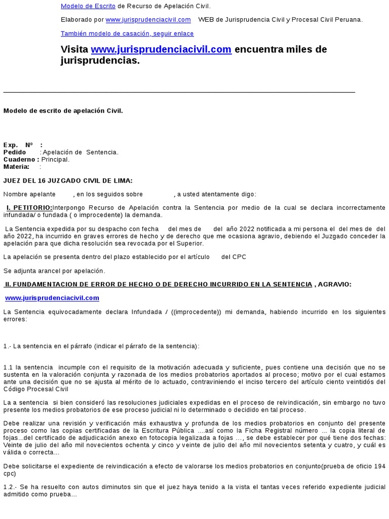 Modelo Escrito de Recurso de Apelación Civil, Abogado para hacer ...