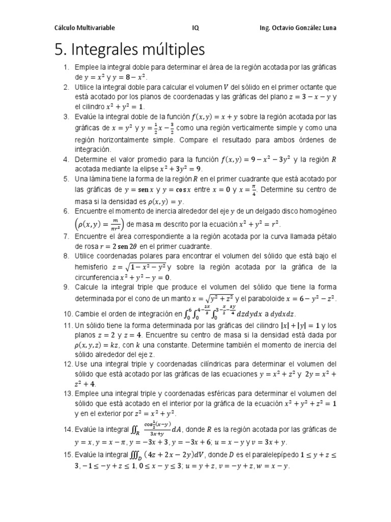 Problemario Integrales Múltiples IQ | PDF | Integral | Conceptos matemáticos