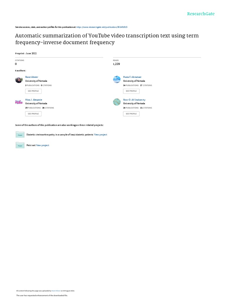 Automatic Summarization of Youtube Video Transcription Text Using Term Frequency-Inverse ...