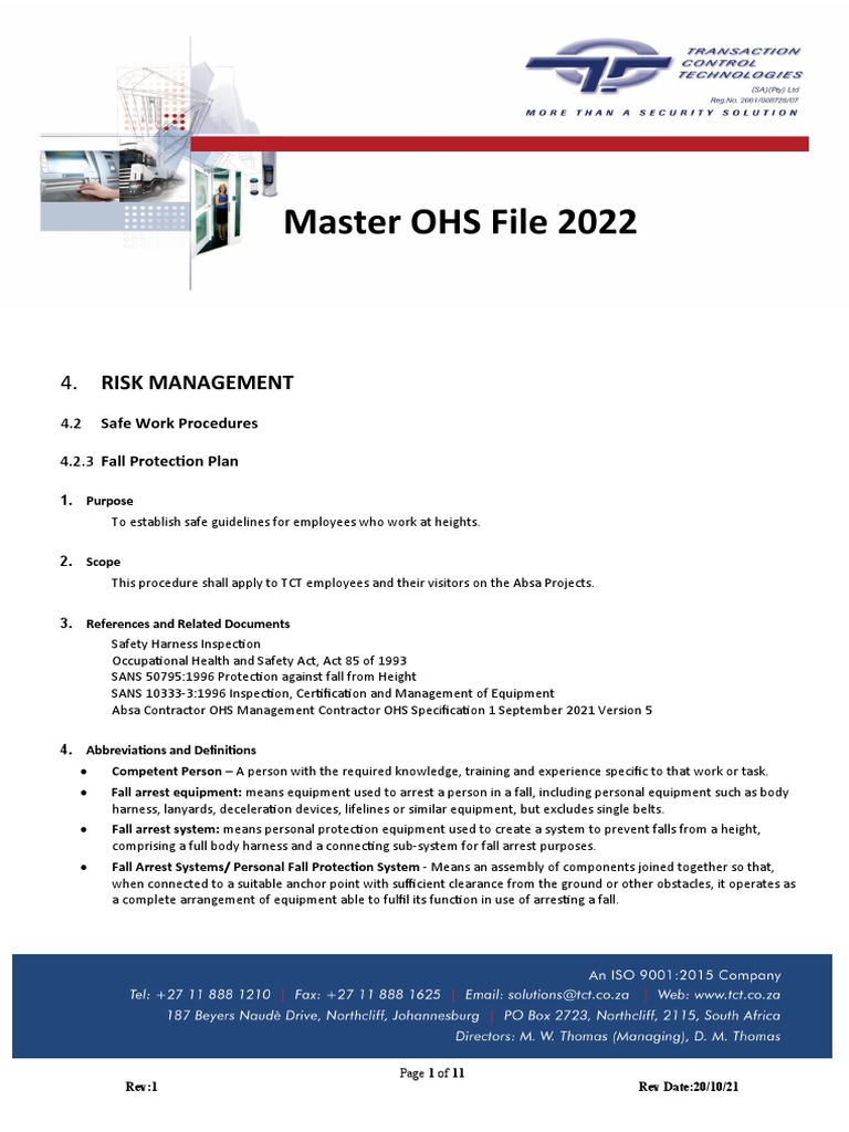 04.2.3 Fall Protection Plan (TCT - Master OHS File 2023) | PDF | Safety