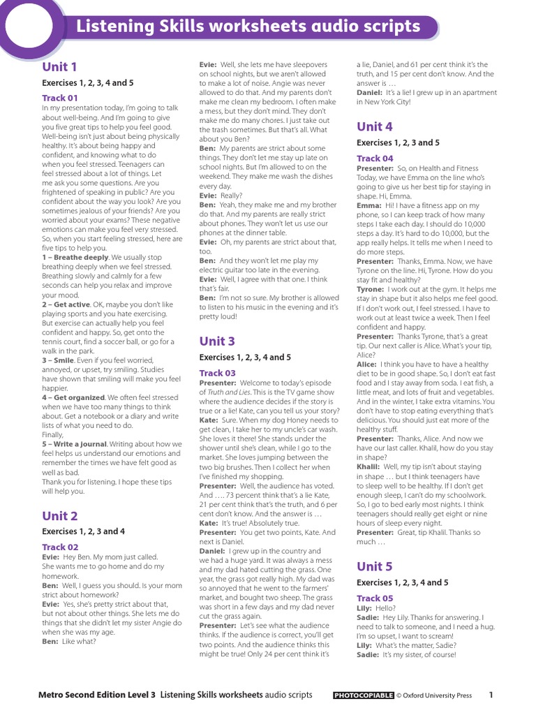 MetroL3 Listening Worksheets Scripts | PDF | Senses