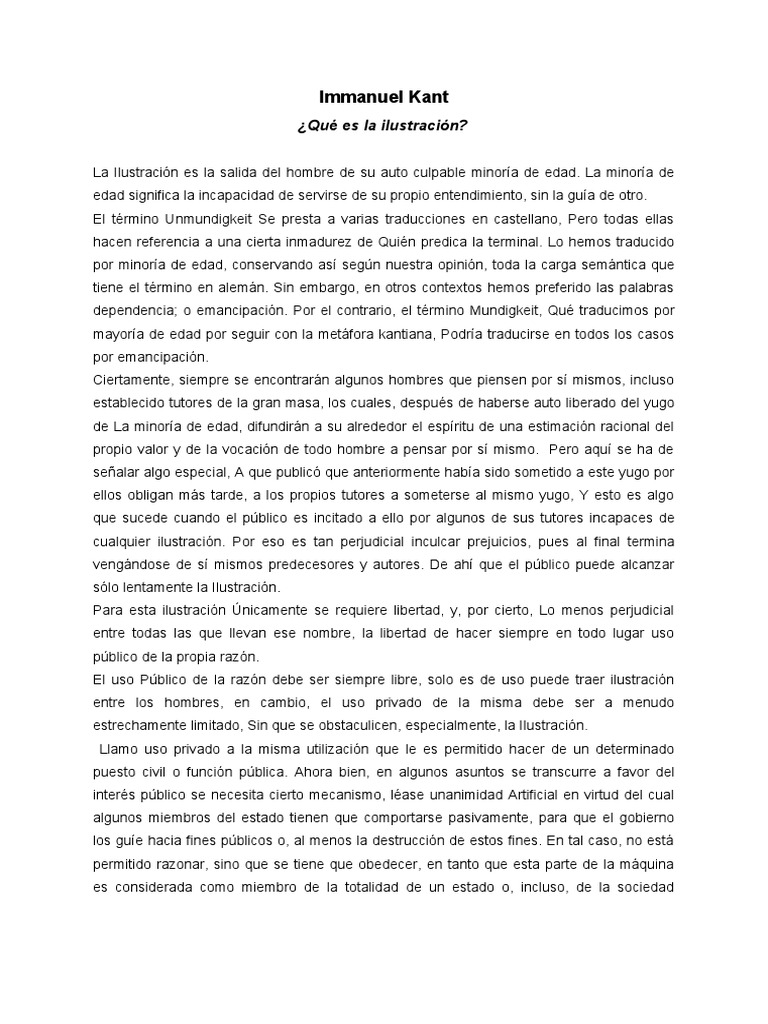 Immanuel Kant Que Es La Ilustracion | PDF | Immanuel Kant | Era de ...