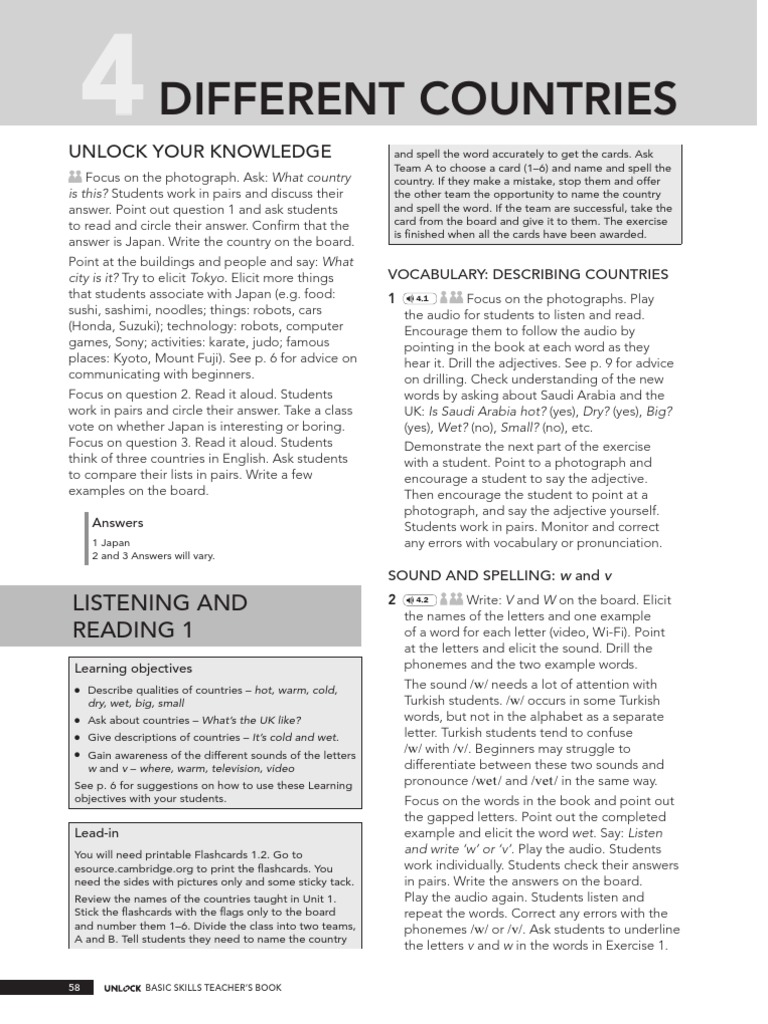 Unlock Unlock Basic Skills Teachers Book Unit 4 Sample Content | PDF | Question | Vocabulary