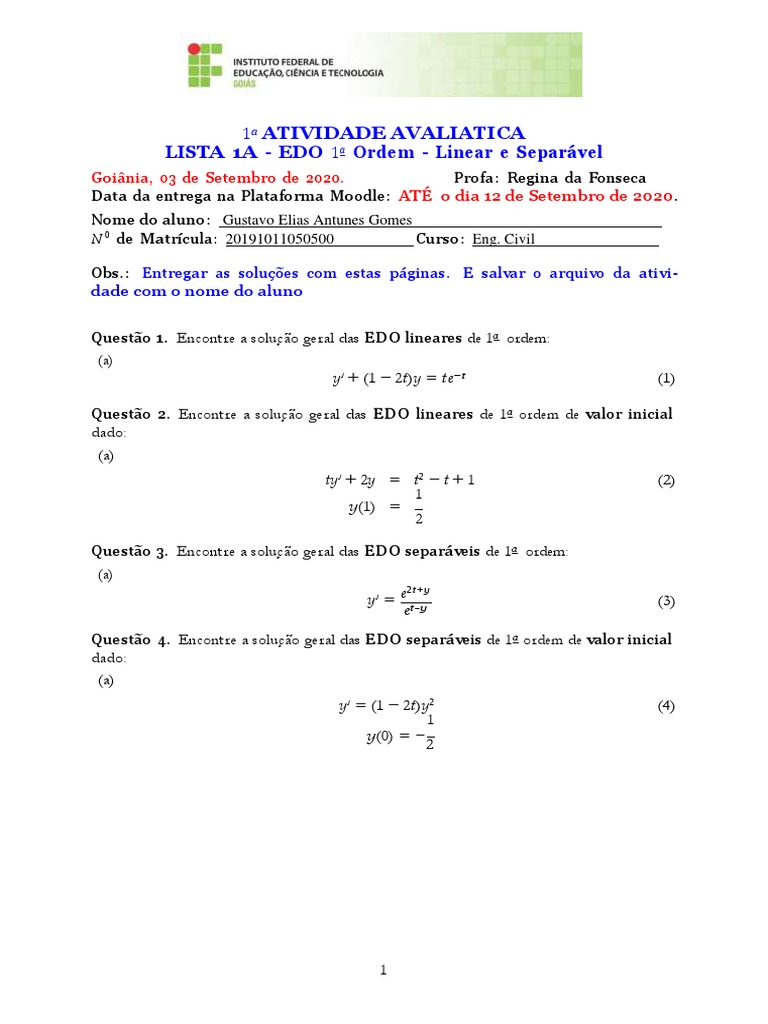 LISTA DE EDO - Lista 1A | PDF