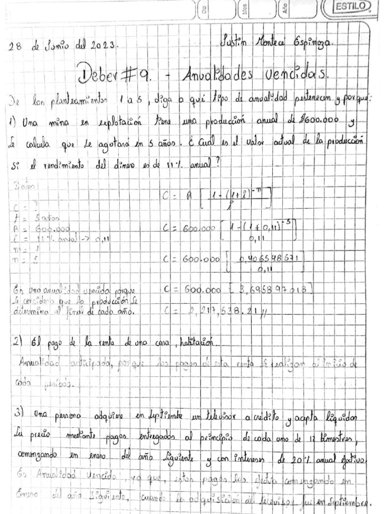 Deber 9 Anualidades - Justin Montecé | PDF