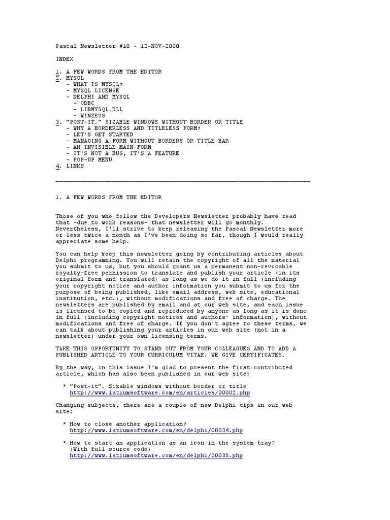 Pascal Newsletter Delphimysql Pdf My Sql Window Computing 