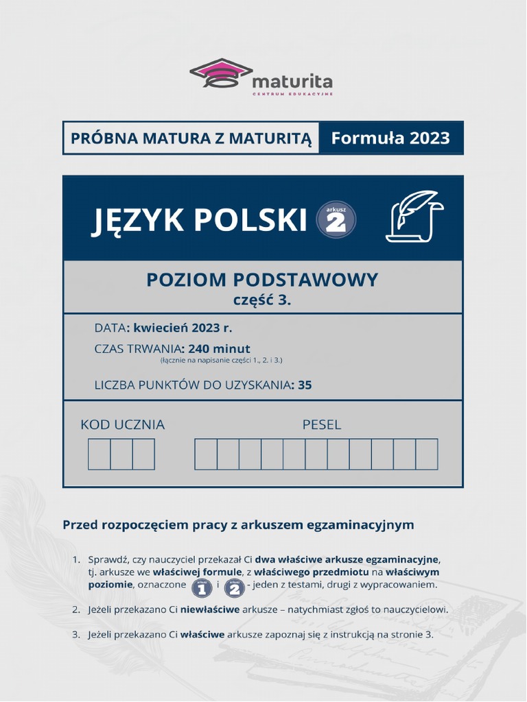 Matura Z Maturita Kwiecien 2023 Jezyk Polski Poziom Podstawowy ARKUSZ 2 | PDF
