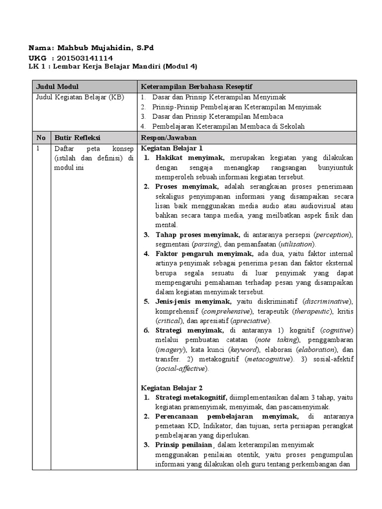 LK. 1 Keterampilan Berbahasa Reseptif | PDF