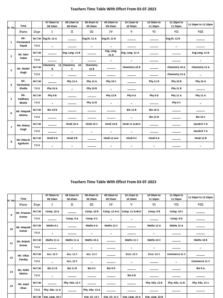 Teachers Name Time Table 03-07-2023 | PDF | Languages Of India