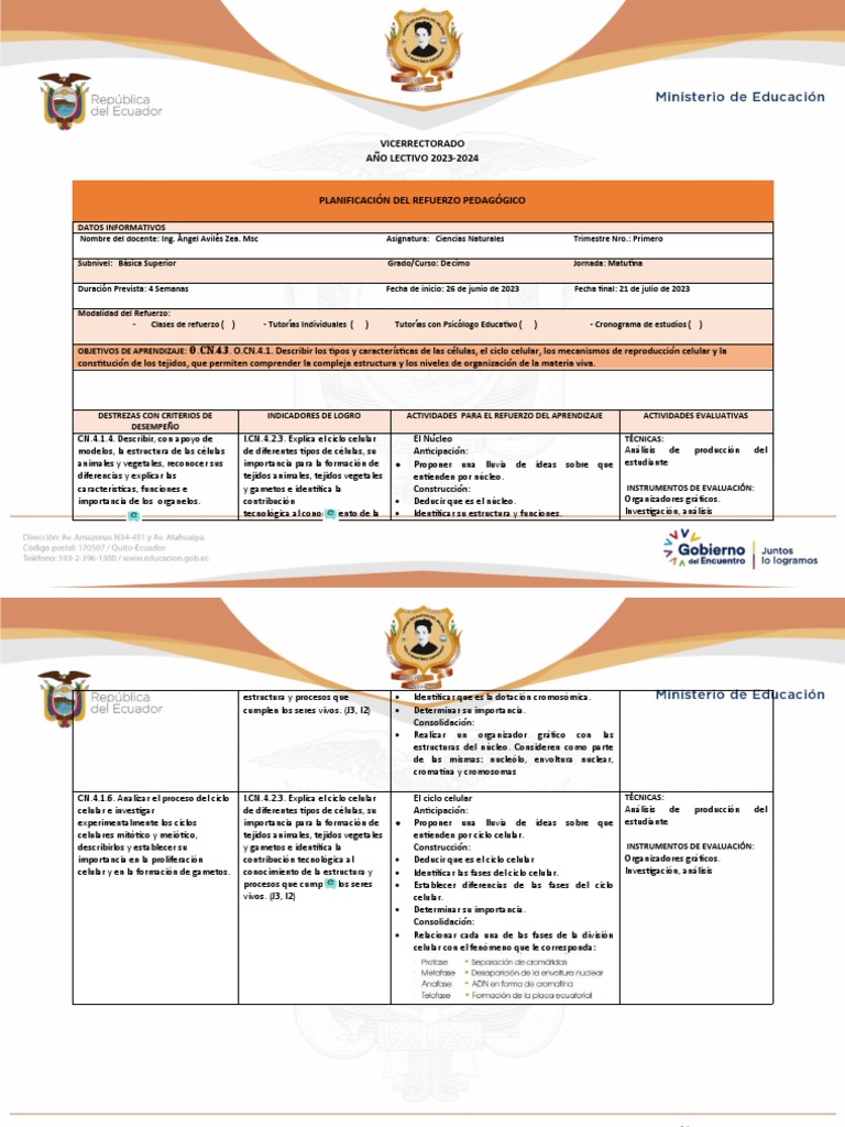 Planif Refuerzo Pedag CCNN 10 Mo Egb 2023 2024 | PDF | Biología Celular) | Reproducción sexual