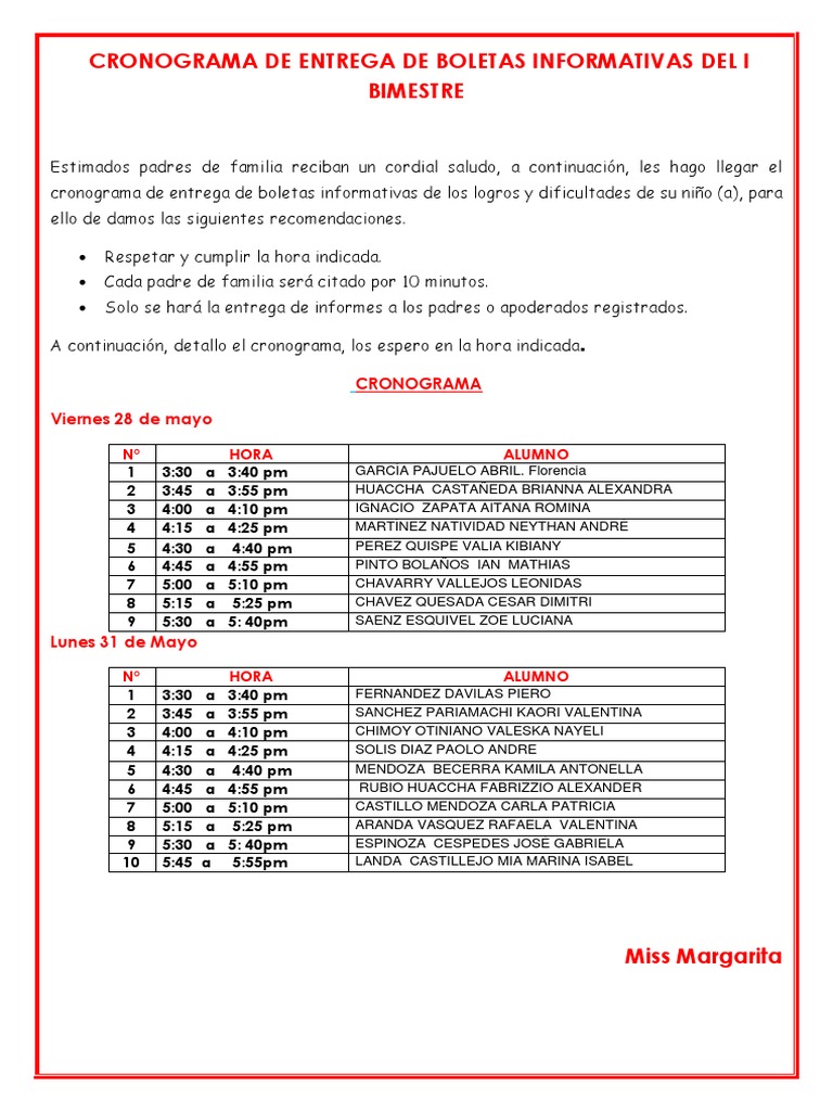 Cronograma de Boletas Informativas-4 Años-B | PDF | Cocina, comidas y vino