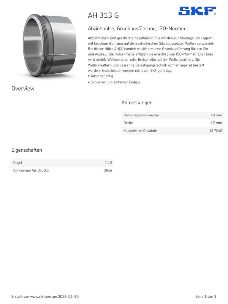 SKF AH 313 G Specification | PDF