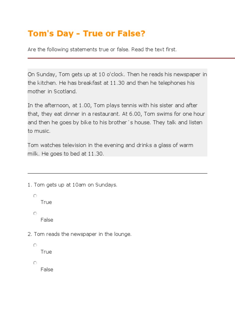 Tom's Day. Reading Comprehension Beginner | PDF