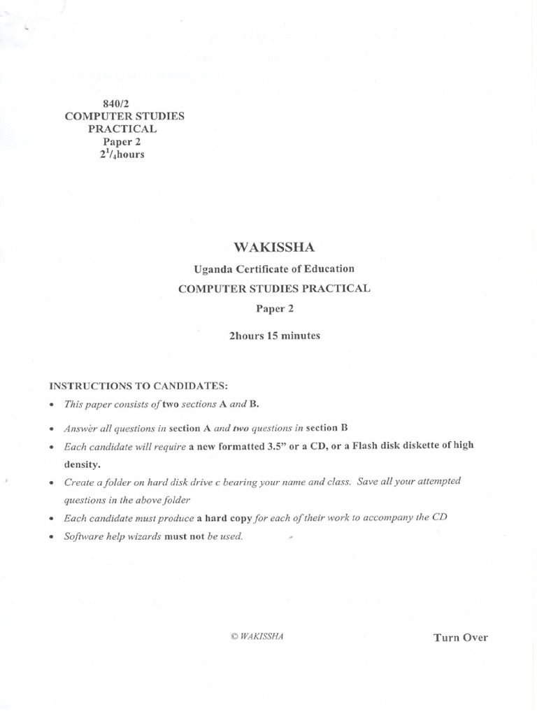 Wakissha Joint Mock Examinations Computer Studies Paper 1 s.4 Computer ...
