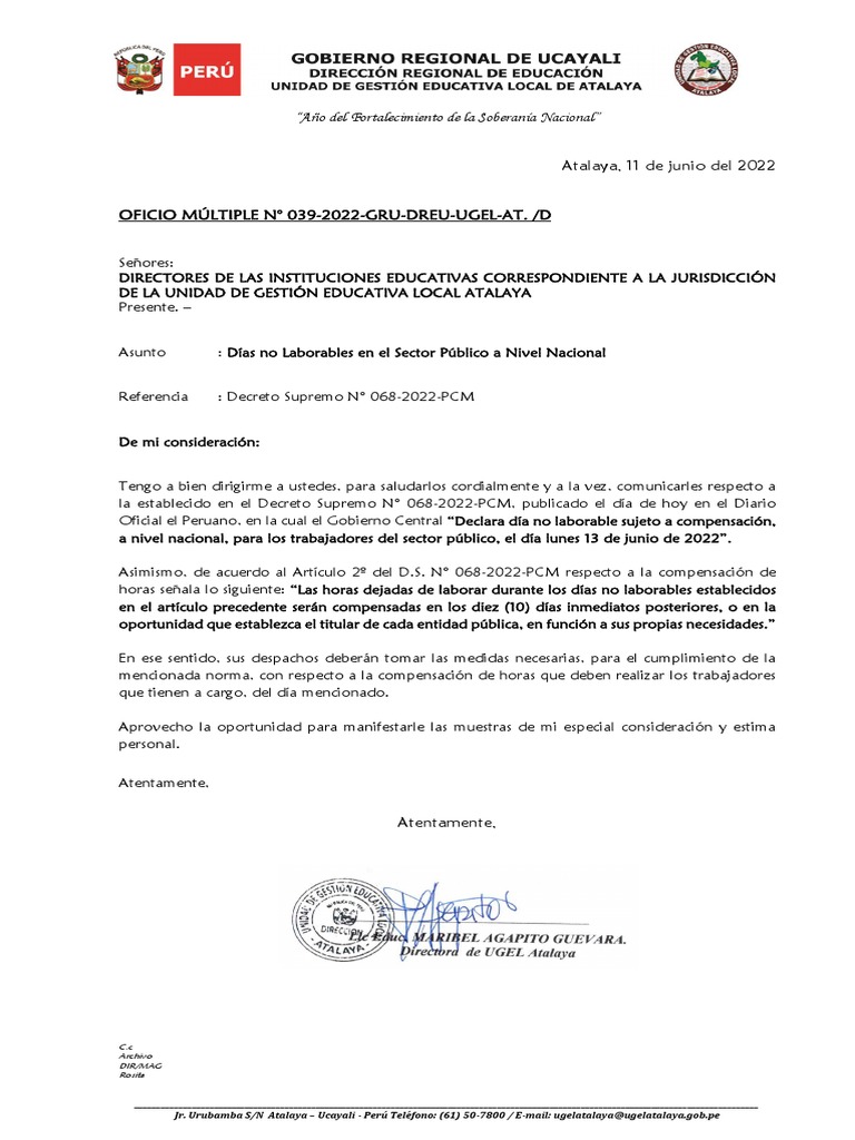 OFICIO MULTIPLE #039-2022-Días No Laborables en El Sector Público A Nivel Nacional | PDF