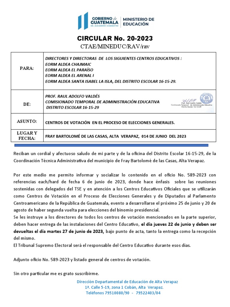 Circular No. 20-2023 Escuelas Que Seran Centros de Votacion 06-0+6-2023 | PDF