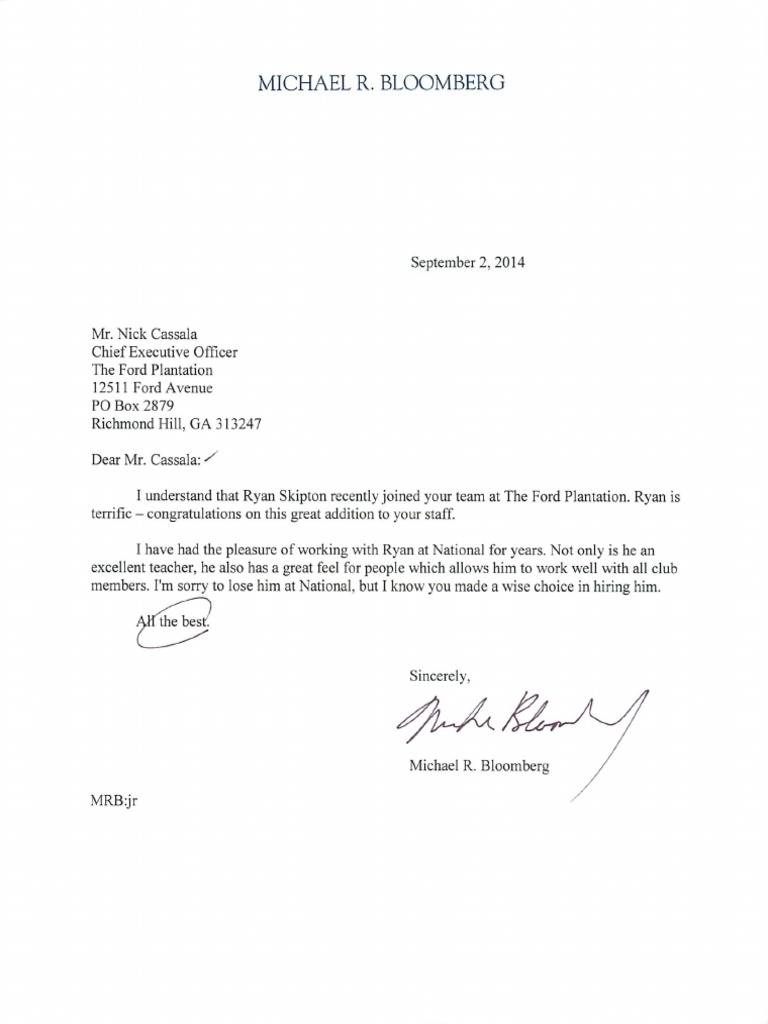 Letter From Michael R Bloomberg For Ryan Skipton | PDF