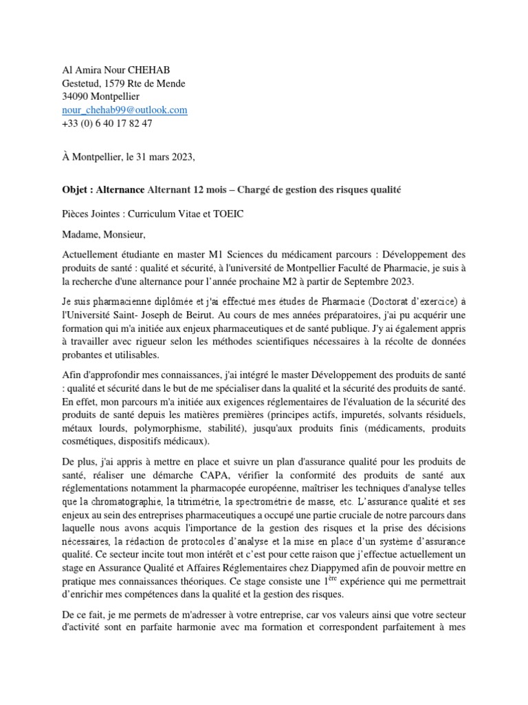 Al Amira Nour CHEHAB - Lettre de motivation-SANOFI | PDF | Pharmacien