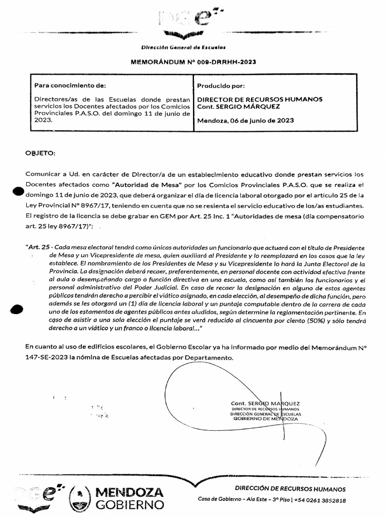 Memo 9 Día Compensación Docentes Autoridad de Mesa | PDF