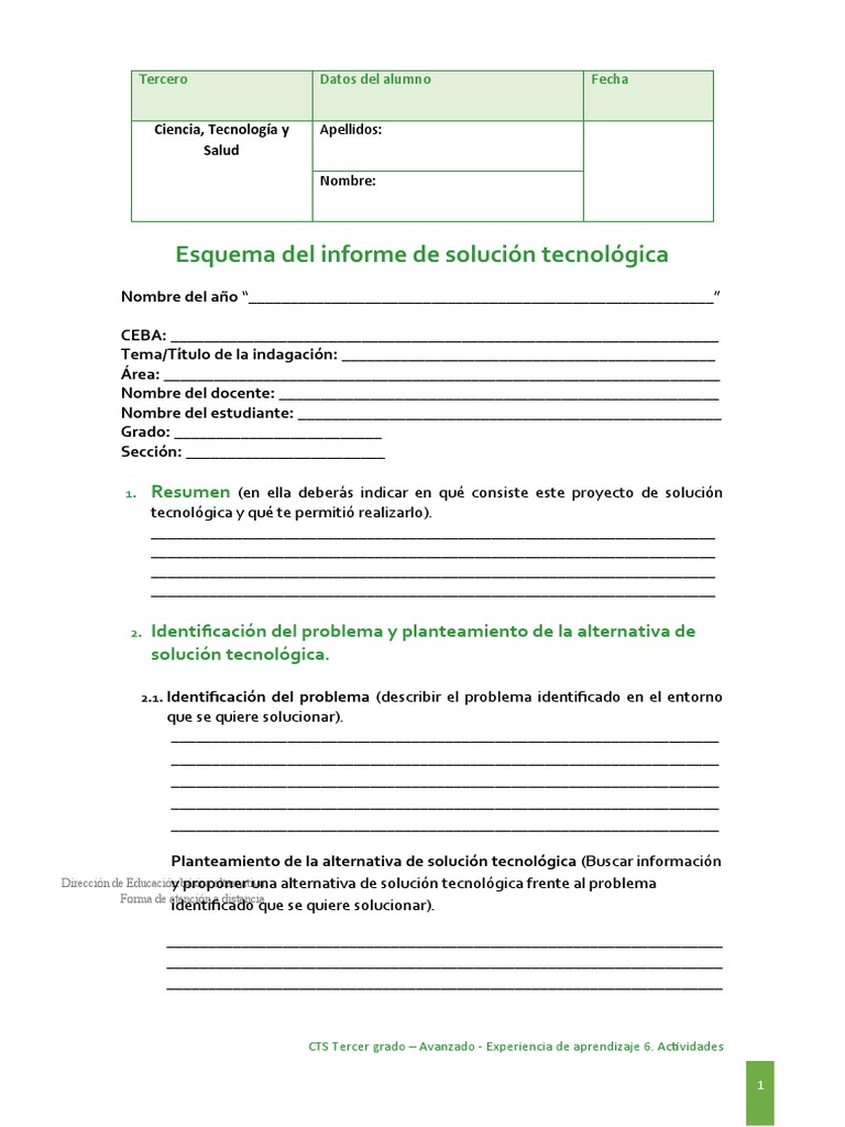 CTS3 EA06 Esquema Informe Solución Tecnologica | PDF | Aprendizaje | Educación primaria