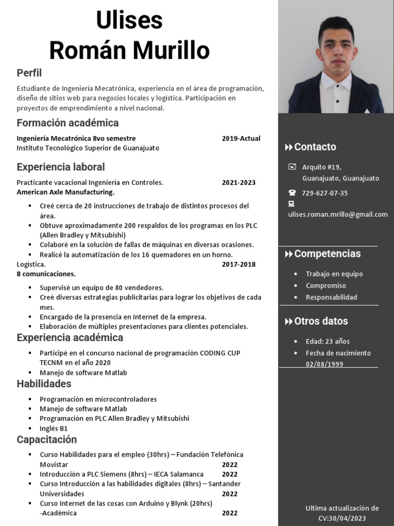 Curriculum Vitae Ejemplo Estudiante Mecatrónica | PDF | Tecnologías de la información ...