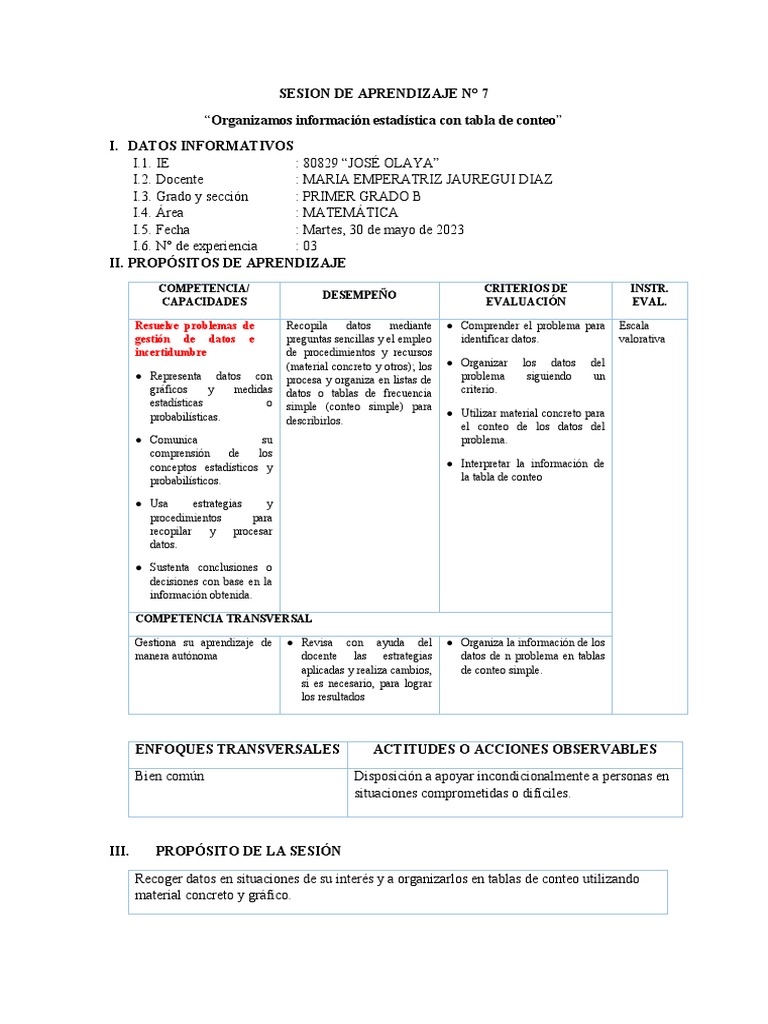 SESION MAT Organizamos Información Estadística Con Tabla de Conteo | PDF | Estadísticas ...