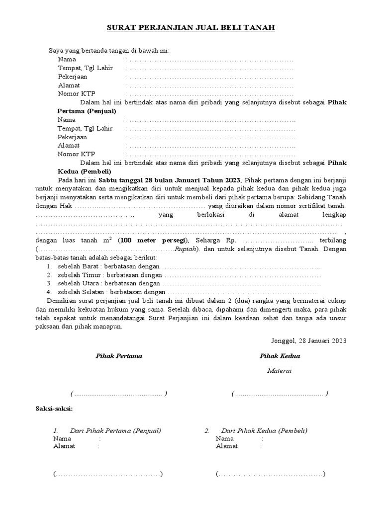 Surat Perjanjian Jual Beli Tanah Bermaterai | PDF