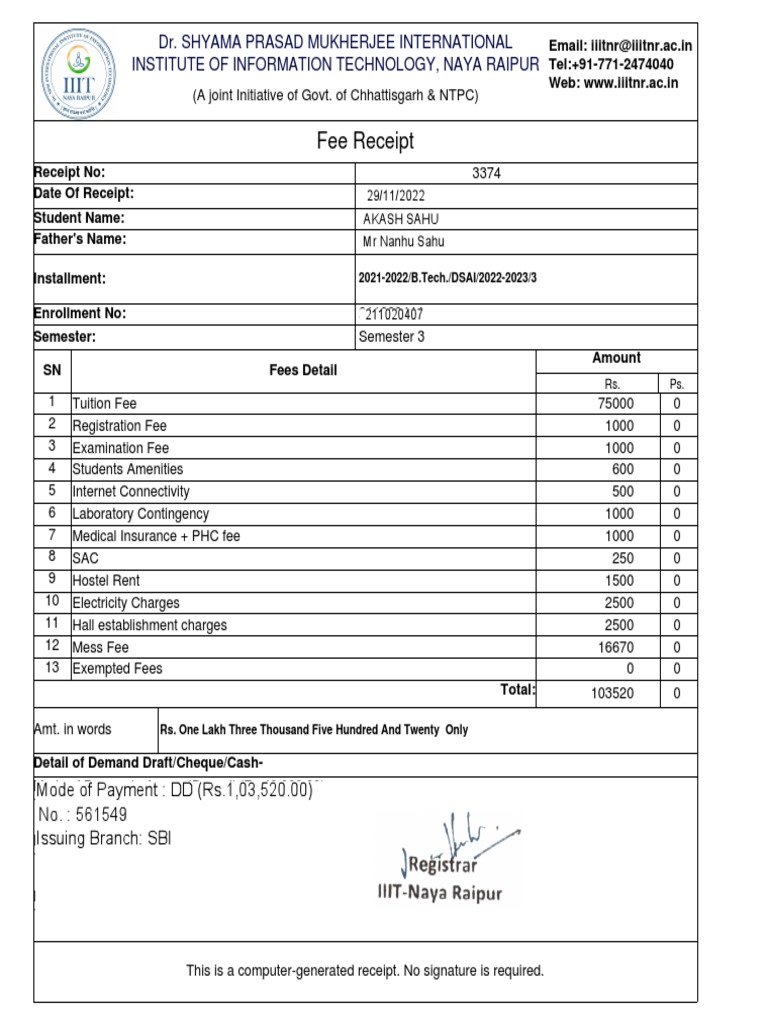 IIIT Naya Raipur Fee Receipt Details | PDF | Payments | Service Industries